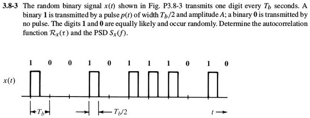 3.8-3 The random binary signal x(t) shown in Fig. P3.8-3 transmits one digit every Tb seconds. A ...