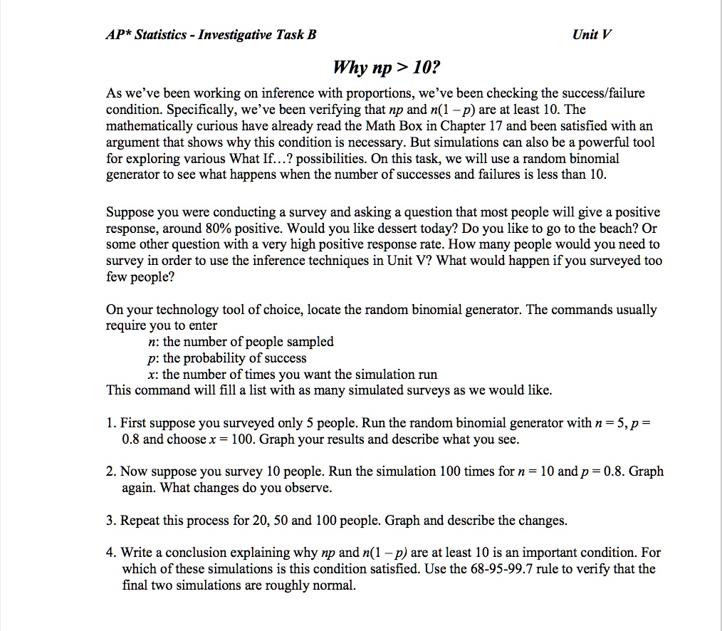 SOLVED: AP* Statistics Investigative Task B Unit V Why np > 10? As we ...