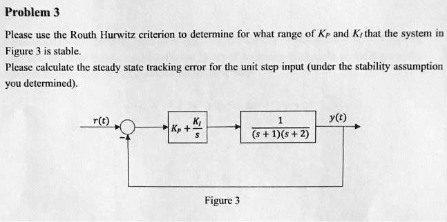 SOLVED: Problem 3 Please use the Routh-Hurwitz criterion to determine for what range of Kp and K ...