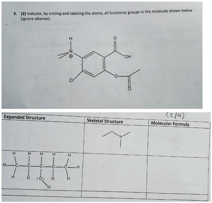 2 indicate by circling and labeling the atoms all functional groups in the molecule shown below ...