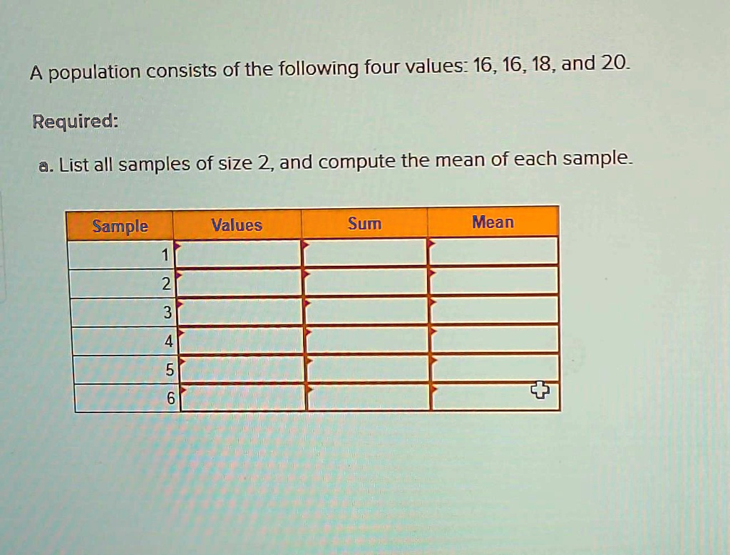 A population consists of the following four values: 16, 16, 18, and 20. Required: a. List all ...