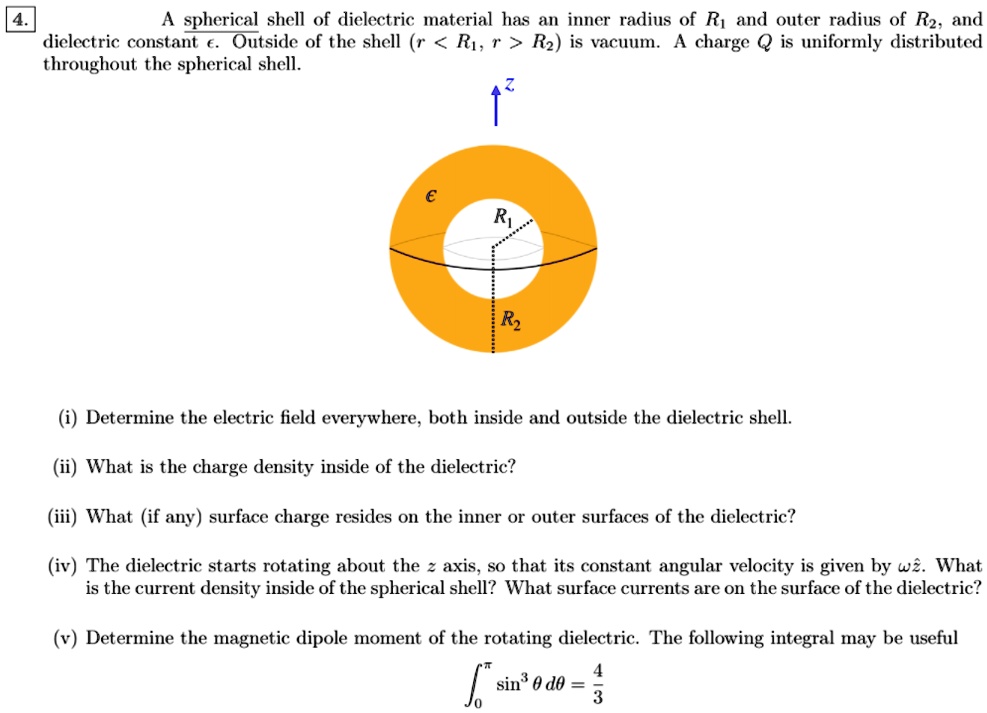 SOLVED: 4. A spherical shell of dielectric material has an inner radius ...