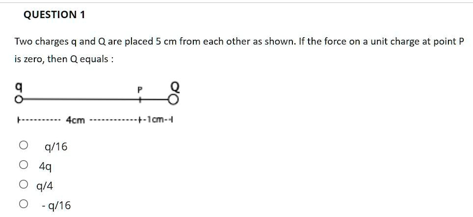SOLVED: QUESTION 1 Two charges q and Q are placed 5 cm from each other as shown: If the force on ...