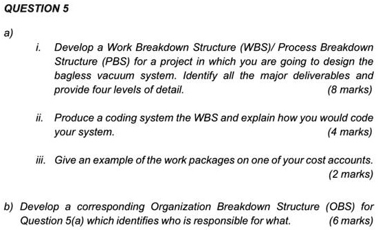 SOLVED: QUESTION 5 Develop a Work Breakdown Structure (WBS)/ Process ...