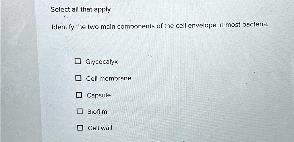 Select all that apply Identify the two main components of the cell envelope in most bacteria ...
