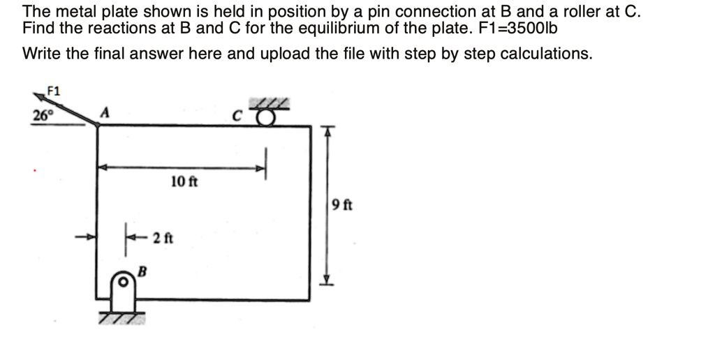 The metal plate shown is held in position by a pin connection at B and ...