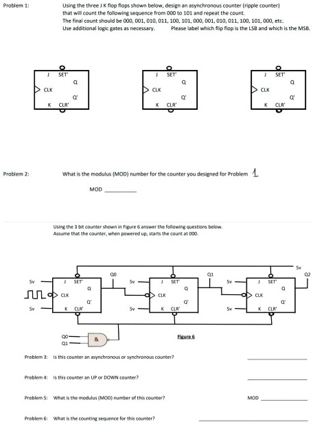 Problem 1: Using the three JK flip flops shown below, design an asynchronous counter (ripple ...