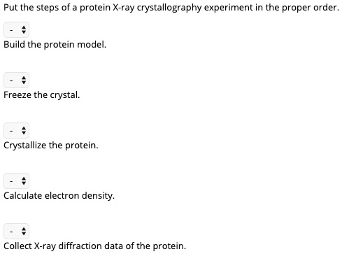 SOLVED:Put the steps of protein X-ray crystallography experiment in the proper order. Build the ...