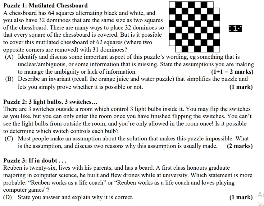 puzzle 1 mutilated chessboard a chessboard has 64 squares alternating ...