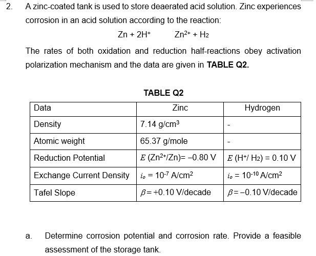 SOLVED: A zinc-coated tank is used to store deaerated acid solution ...