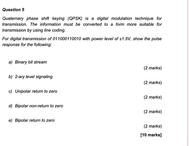SOLVED: Quaternary phase shift keying (QPSK) digital modulation technique for transmission: The ...