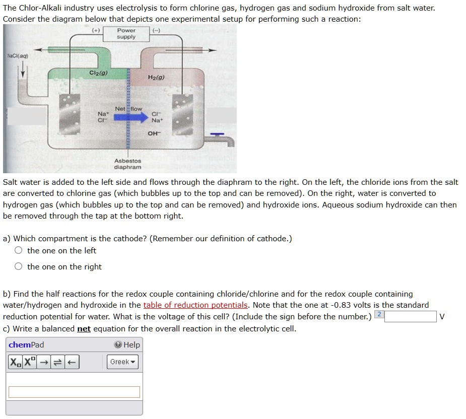 SOLVED:The Chlor-Alkali industry uses electrolysis to form chlorine gas ...