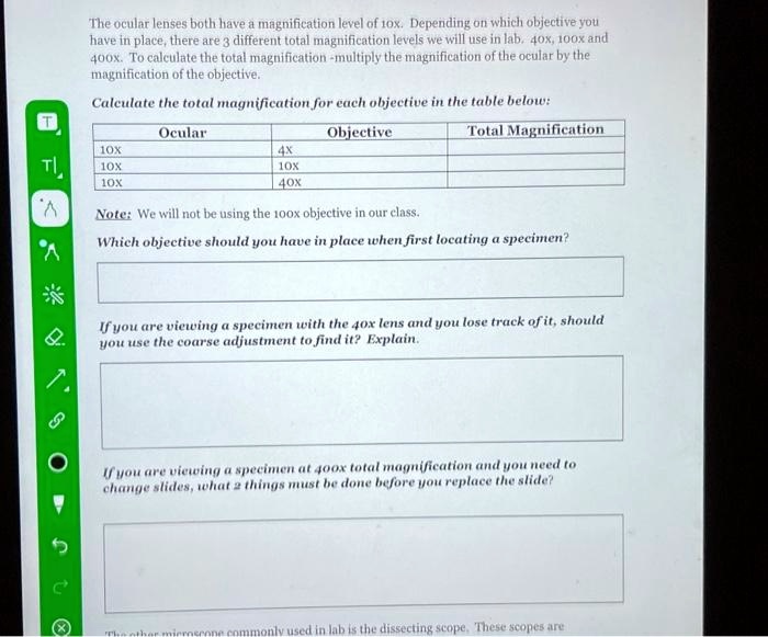 SOLVED: Texts: The ocular lenses both have a magnification level of 10x. Depending on which ...