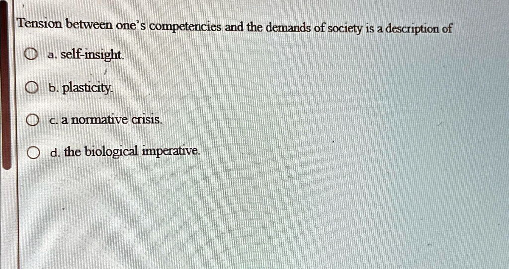 SOLVED: Tension between one's competencies and the demands of society ...
