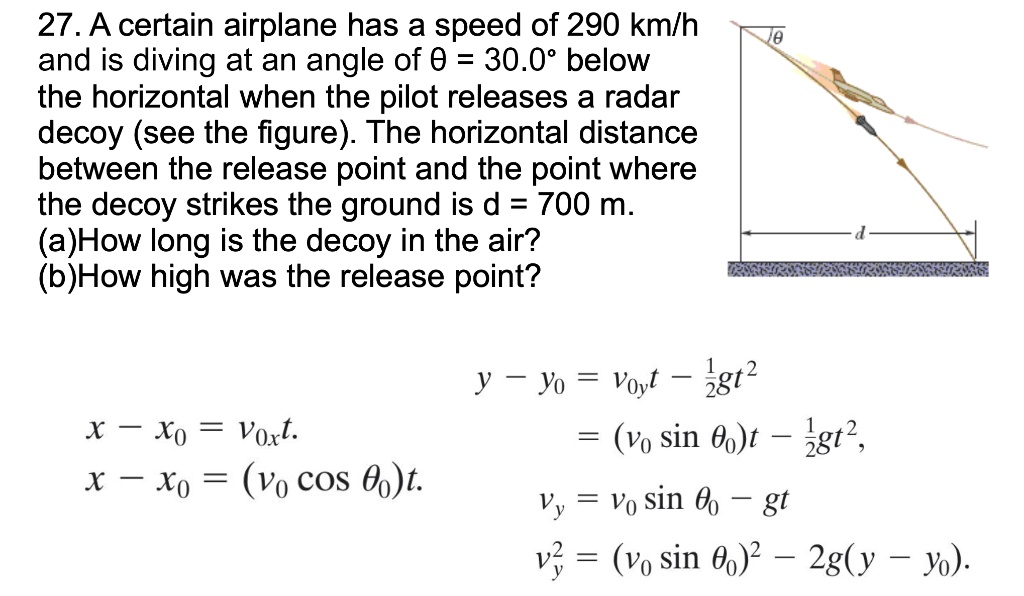 SOLVED: 27. A certain airplane has a speed of 290 km/h and is diving at an angle of Î¸ = 30.0Â ...