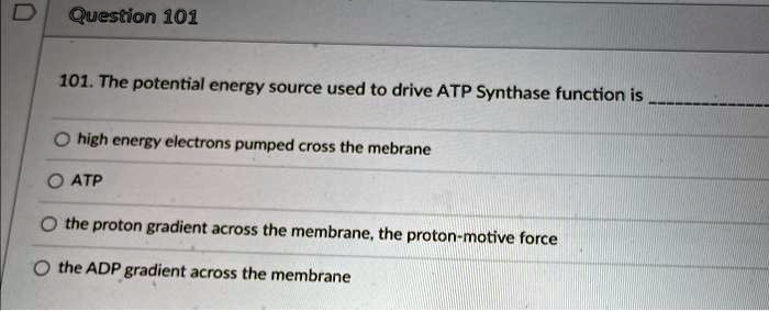 SOLVED: 101. The potential energy source used to drive ATP Synthase function is high-energy ...