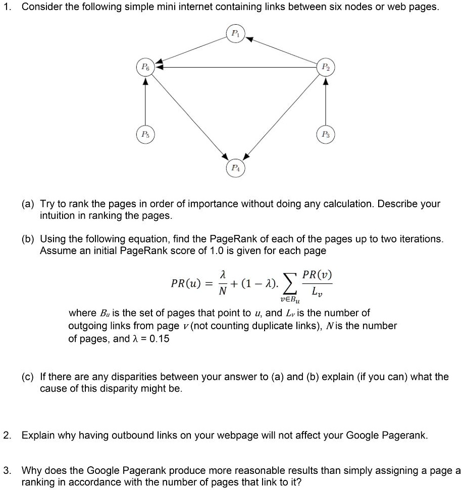 SOLVED: Consider the following simple mini internet containing links between six nodes or web ...
