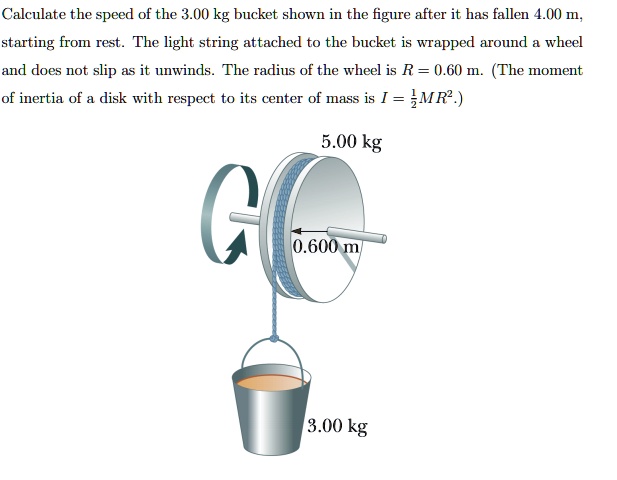 Calculate the speed of the 3.00 kg bucket shown in the figure after it ...