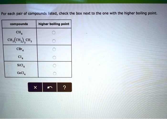 SOLVED: For each pair of compounds listed, check the box next to the one with the higher boiling ...