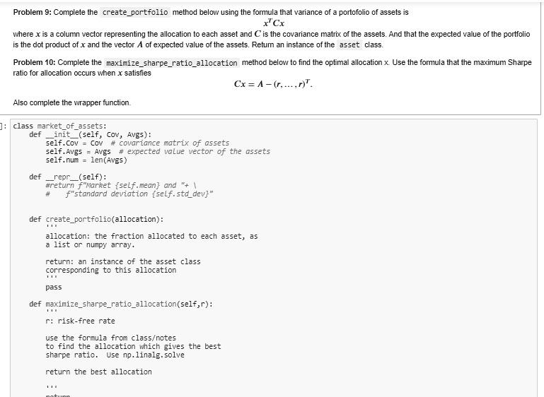 SOLVED: problem 10 - python Problem 9: Complete the createpcrtfolio ...