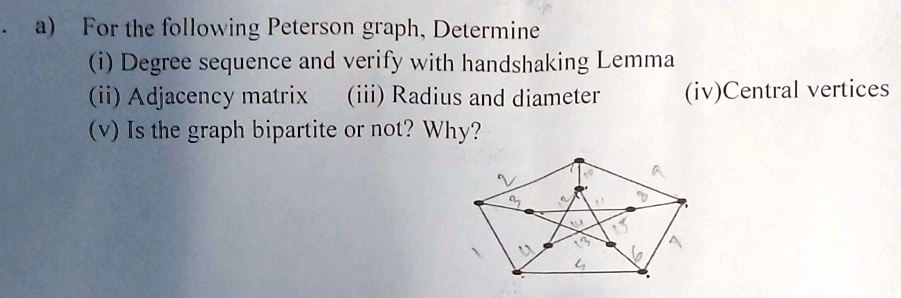 SOLVED: For the following Peterson graph, determine: (i) Degree ... SOLVED: For the following Peterson graph, determine: (i) Degree ...