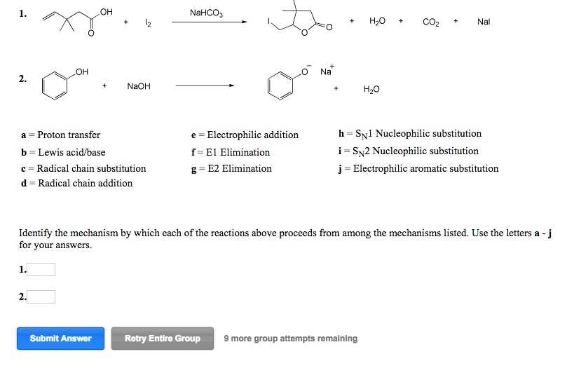 SOLVED: NaHCO3 H2O CO2 OH- NaOH H2O Proton transfer Electrophilic ...