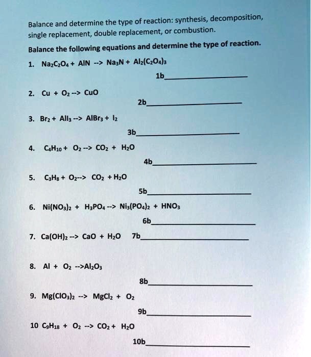 balance and determine the type of reaction synthesis decomposition ...