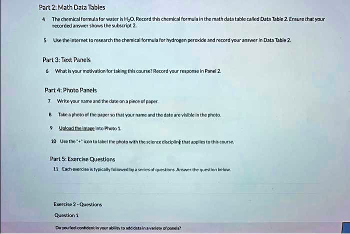 SOLVED: Part 2: Math Data Tables 4. The chemical formula for water is ...