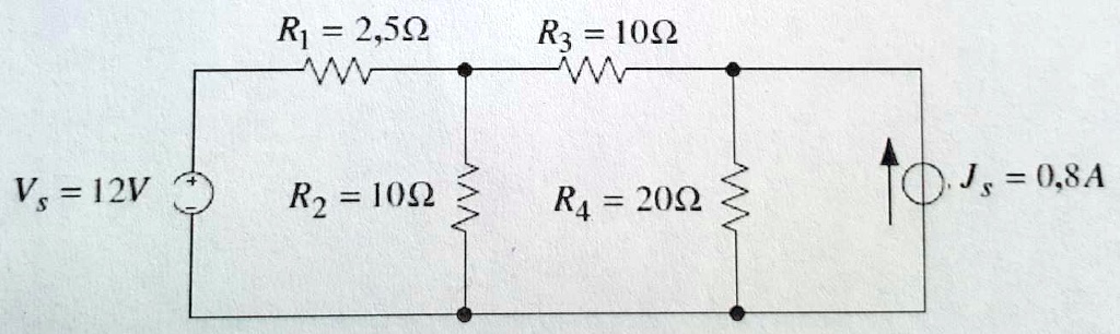 R1 = 2.5Ω, R3 = 10Ω Vs = 12V, R2 = 10Ω Js = 0.8A R4 = 20Ω