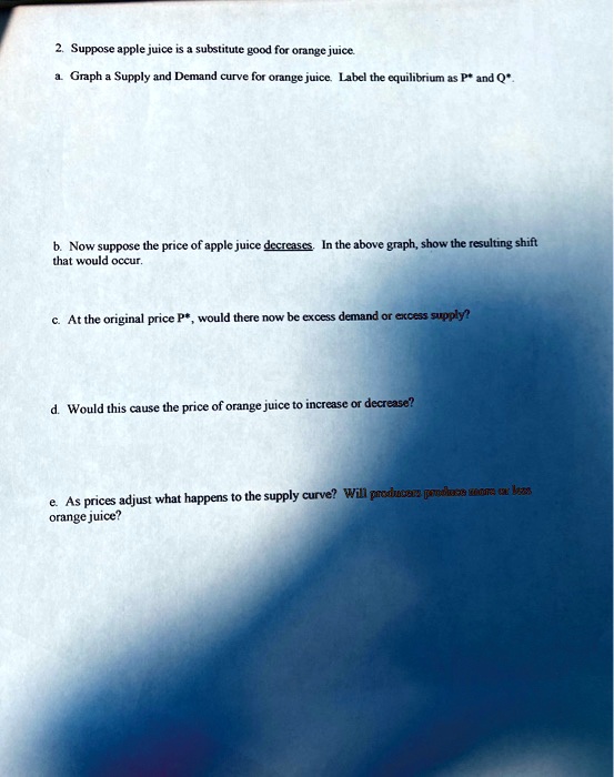 SOLVED: 2. Suppose apple juice is a substitute good for orange juice. a ...