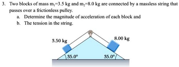 SOLVED: 3.Two blocks of mass m=3.5 kg and m,=8.0 kg are connected by a massless string tha ...