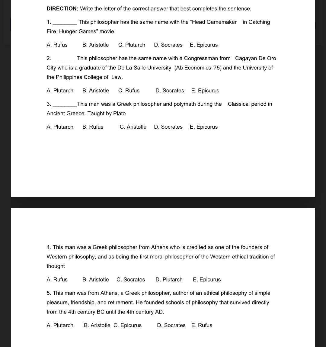 SOLVED: DIRECTION: Write the letter of the correct answer that best ...