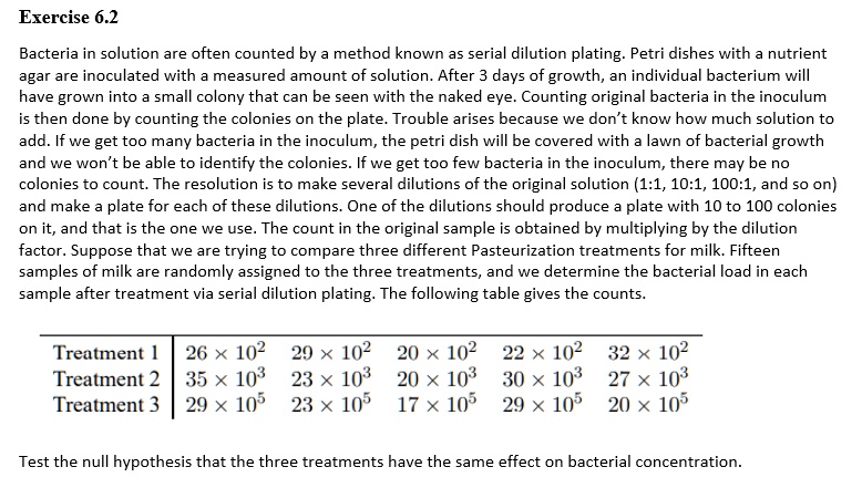 SOLVED: Exercise 6.2 Bacteria in solution are often counted by a method ...