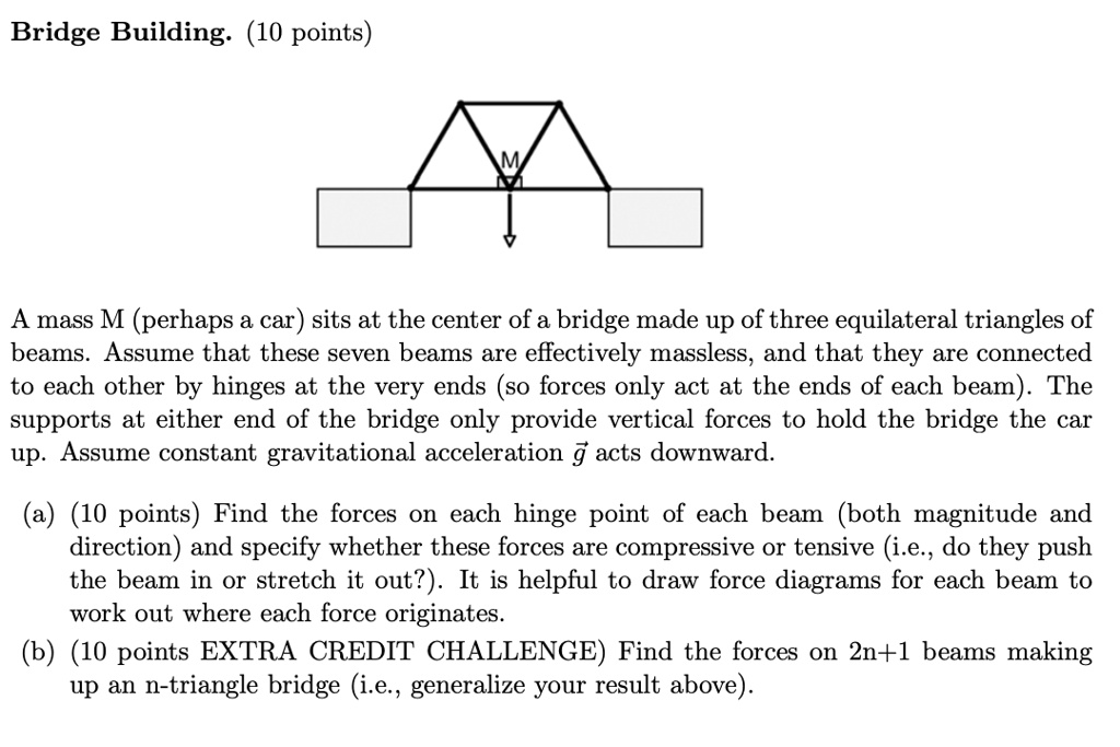 Bridge Building. (10 points) M A mass M (perhaps a car) sits at the ...
