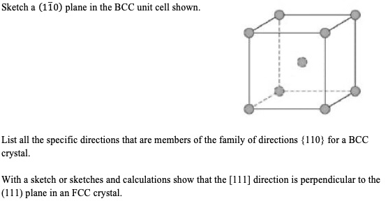 Sketch a (11̅0) plane in the BCC unit cell shown. List all the specific directions that are ...