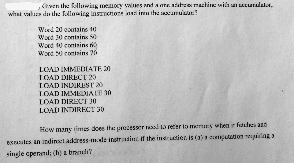 SOLVED: Given the following memory values and a one-address machine with an accumulator, what ...