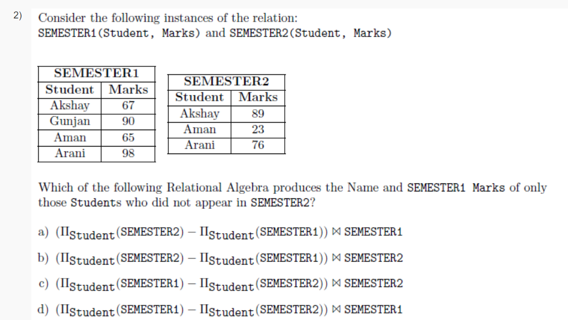 2) Consider the following instances of the relation: SEMESTER1 (Student, Marks) and SEMESTER2 ...