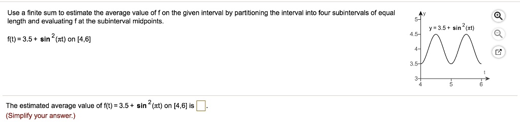 SOLVED: Use finite sum to estimate the average value of f on the given interval by partitioning ...