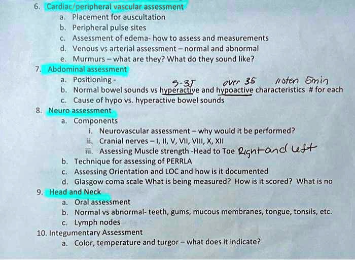 SOLVED: Please help. 6. Cardiac/peripheral vascular assessment: a ...