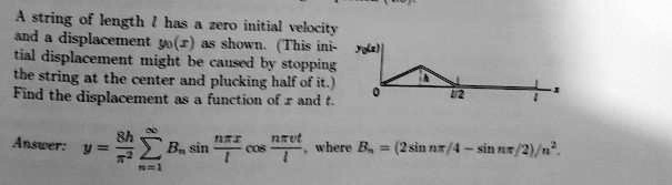 A string of length l has a zero initial velocity and a displacement y0(x) as shown. (This ...