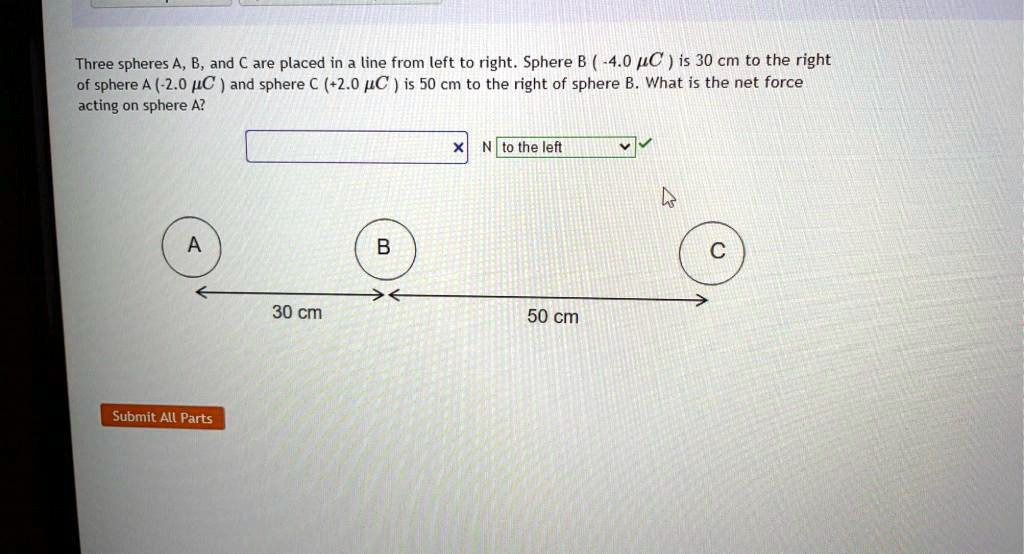 SOLVED: Three spheres A and € are placed in a line from left to right ...
