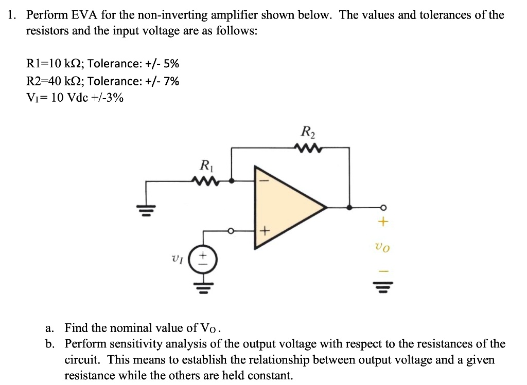 1. Perform EVA for the non-inverting amplifier shown below. The values and tolerances of the ...