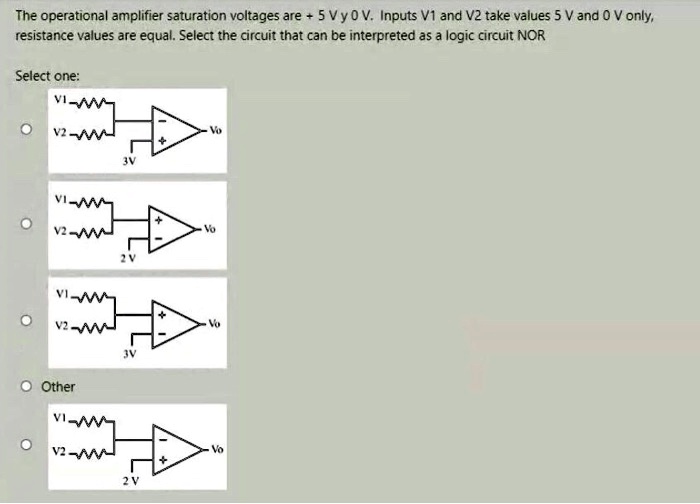 SOLVED: The operational amplifier saturation voltages are +5V and 0V. Inputs V1 and V2 take ...