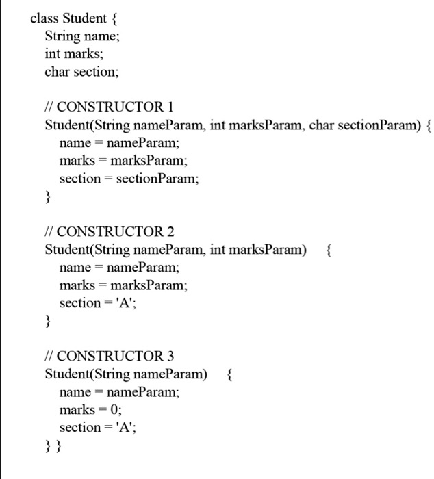 SOLVED: “`java class Student String name; int marks; char section; // CONSTRUCTOR1 Student ...