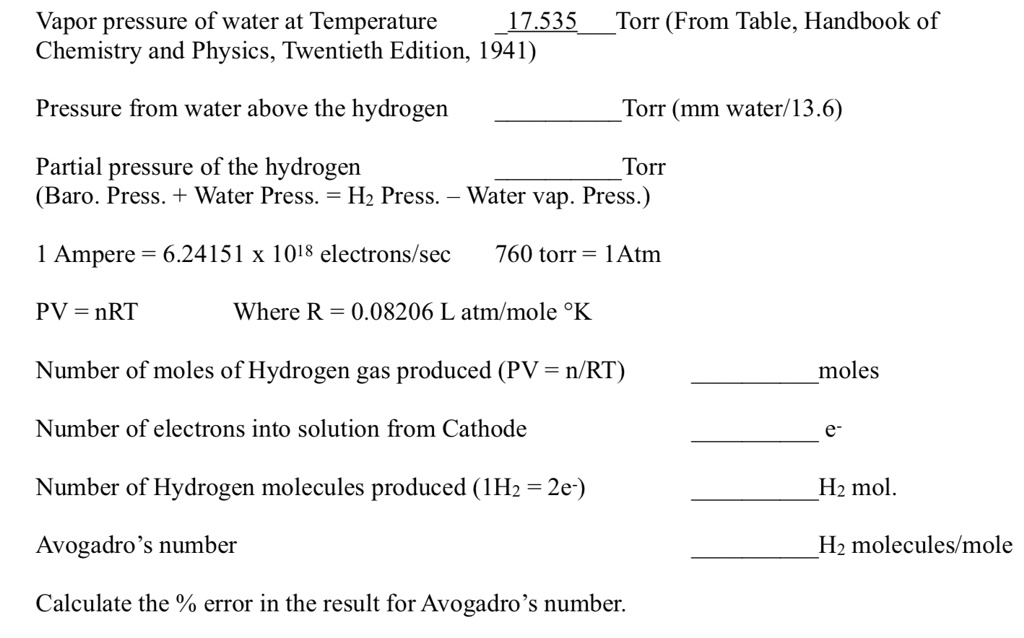 SOLVED: Vapor pressure of water at Temperature 175Â°C (Chemistry and Physics, Twentieth Edition ...