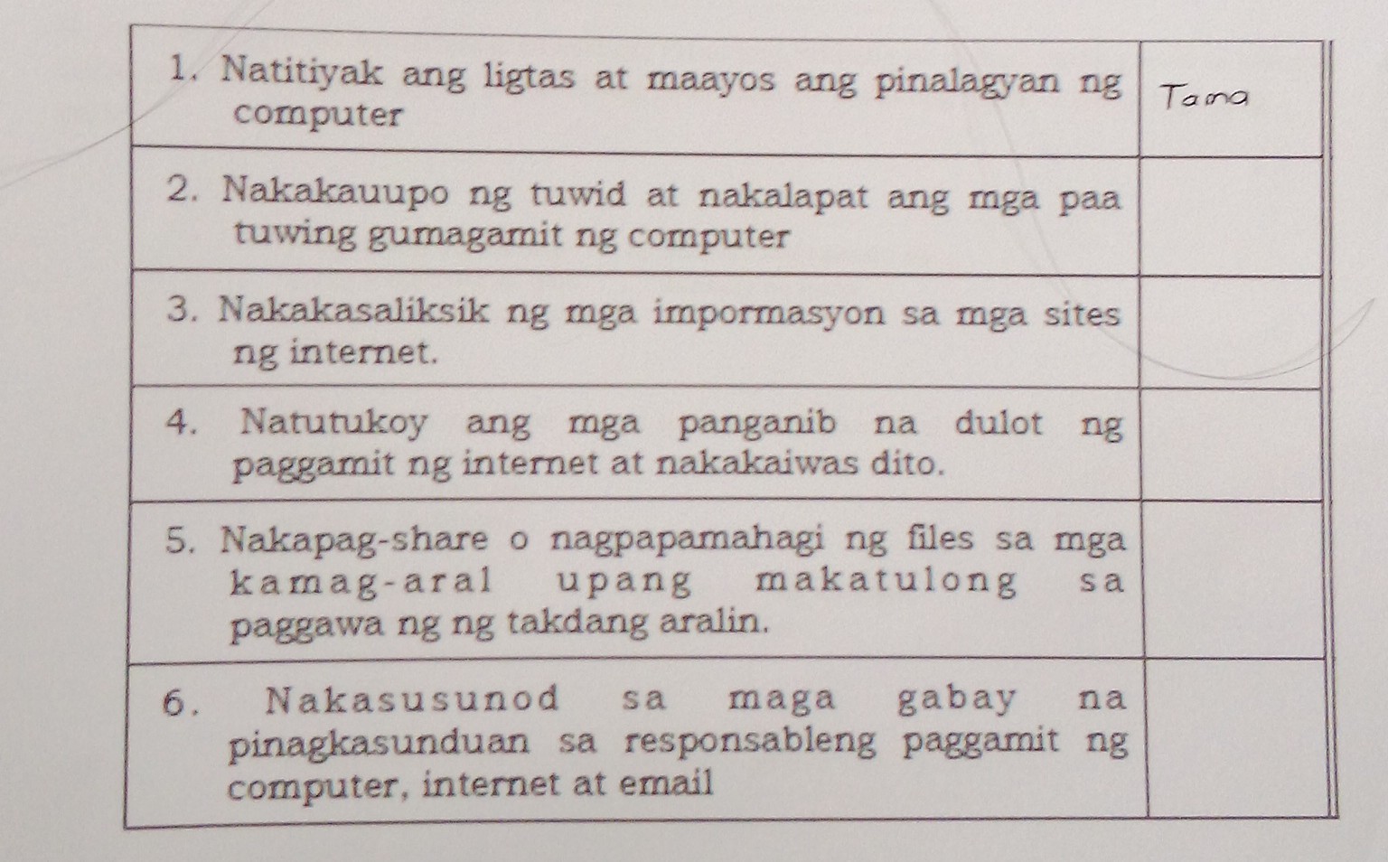 SOLVED: 1. Natitiyak ang ligtas at maayos ang pinalagyan ng computer ...