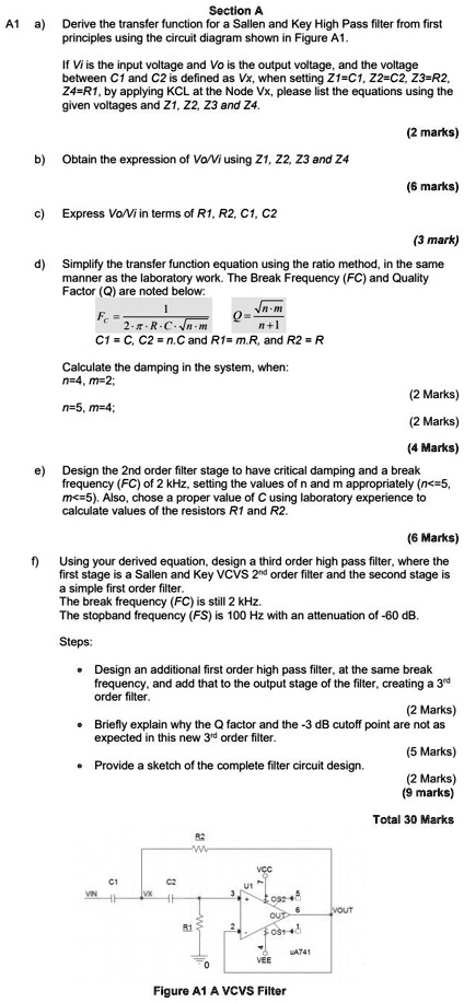 SOLVED: Text: Section A A1 a) Derive the transfer function for a Sallen and Key High Pass filter ...