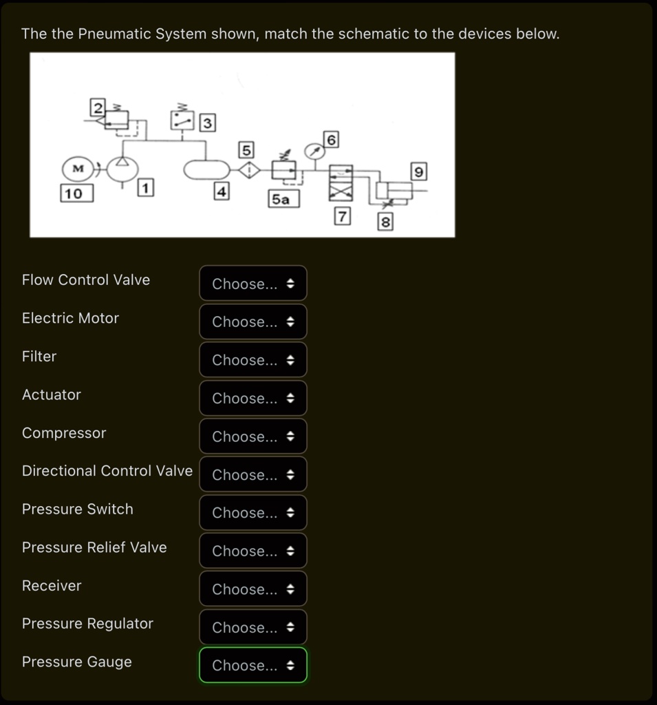 The the Pneumatic System shown, match the schematic to the devices ...