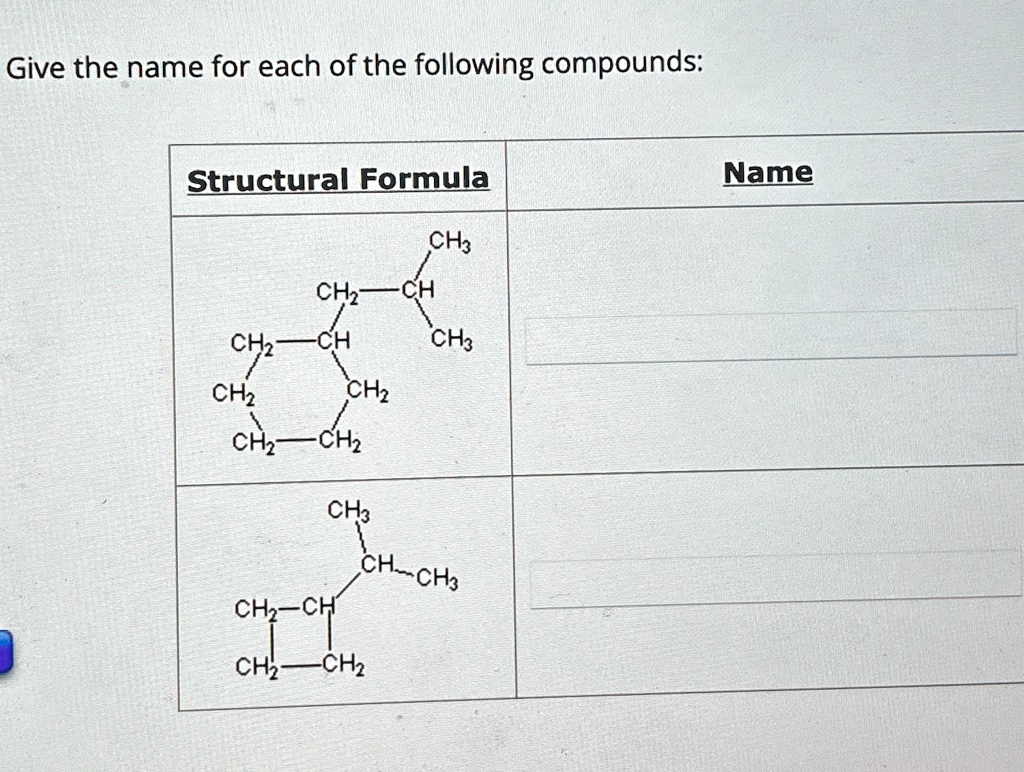 Give the name for each of the following compounds: Structural Formula CH3 CH2CH2 CH2 CH22 CH3 ...