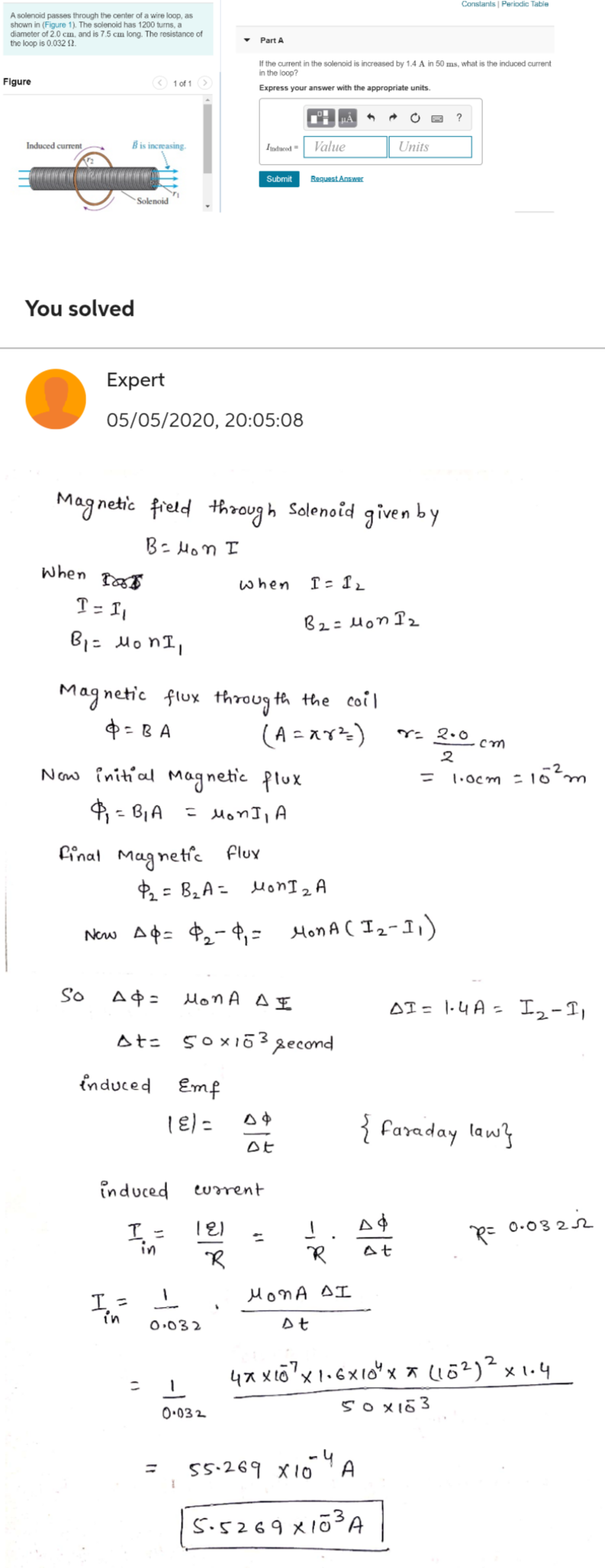 A solenoid passes through the center of a wire loop, as shown in ...